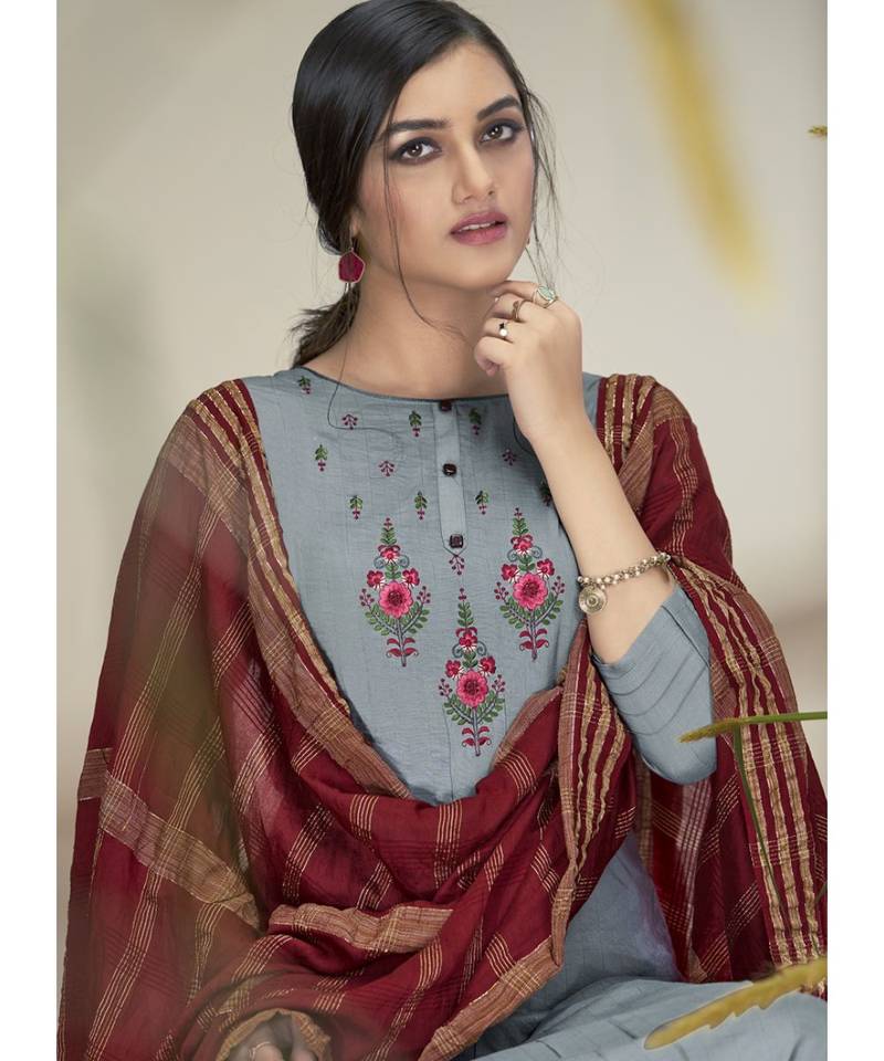 Grey Silk Blend Party Wear Salwar Kameez - Vasu Sarees - 3767580