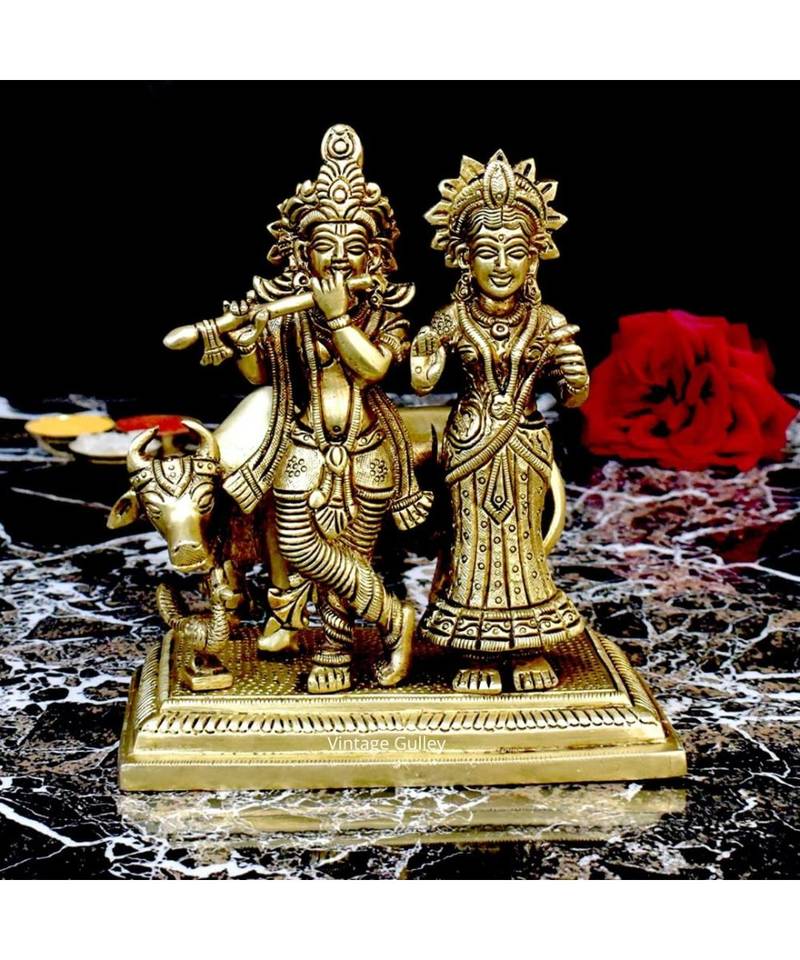 Vintage Gulley Brass Radha Krishna with Cow Idol Showpiece for Pooja ...