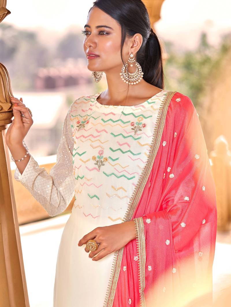 White embroidered pure viscose salwar - Lilots - 3782597
