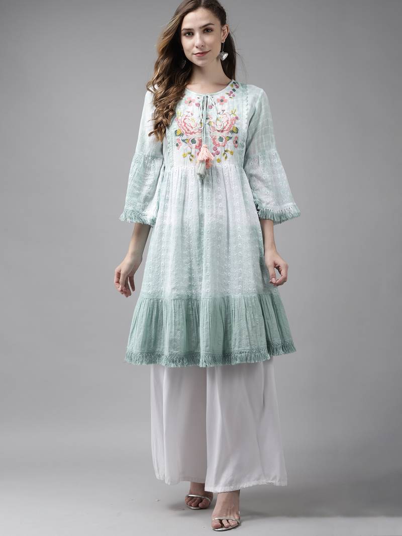 Indo Era Blue Embroidered Flared Kurta - INDO ERA DESIGNS - 3783188