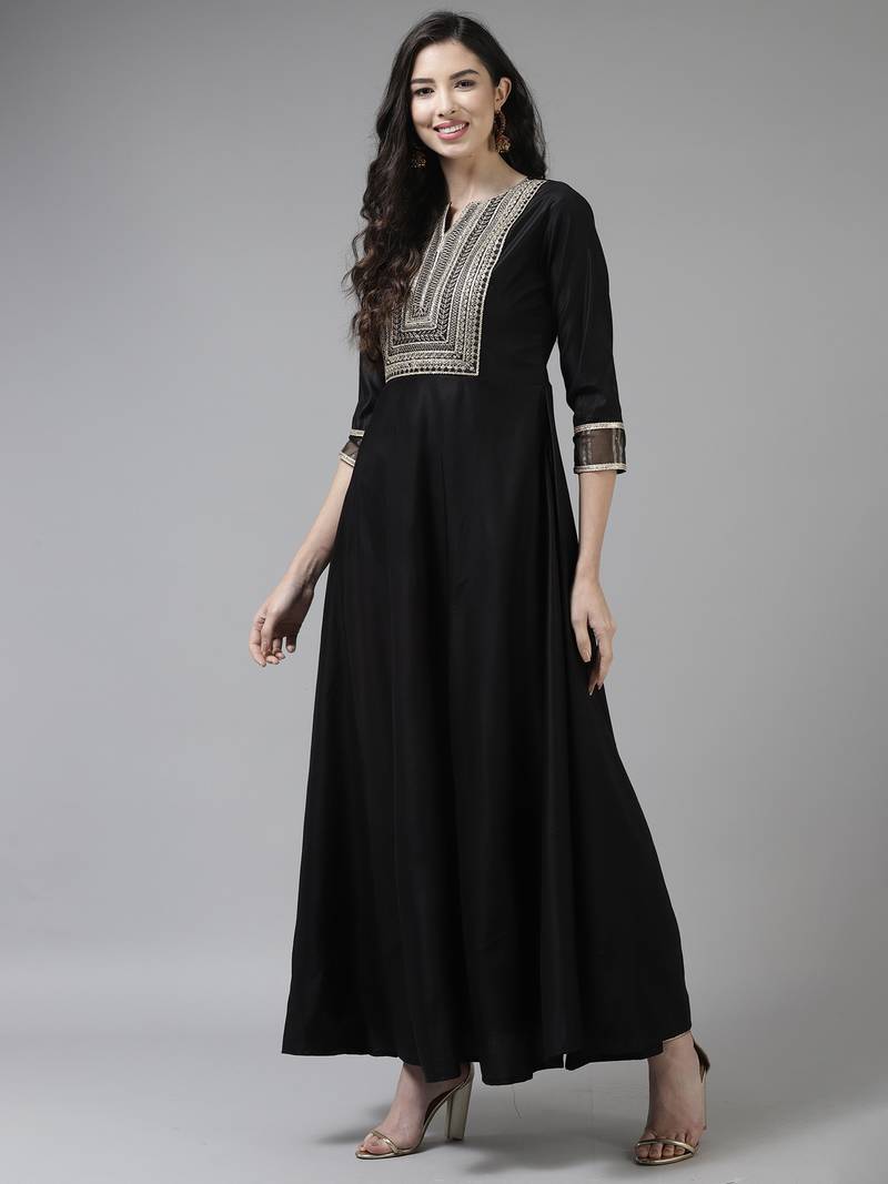 Indo Era Black Embroidered A-line Kurta Trouser With Dupatta Set - INDO ...