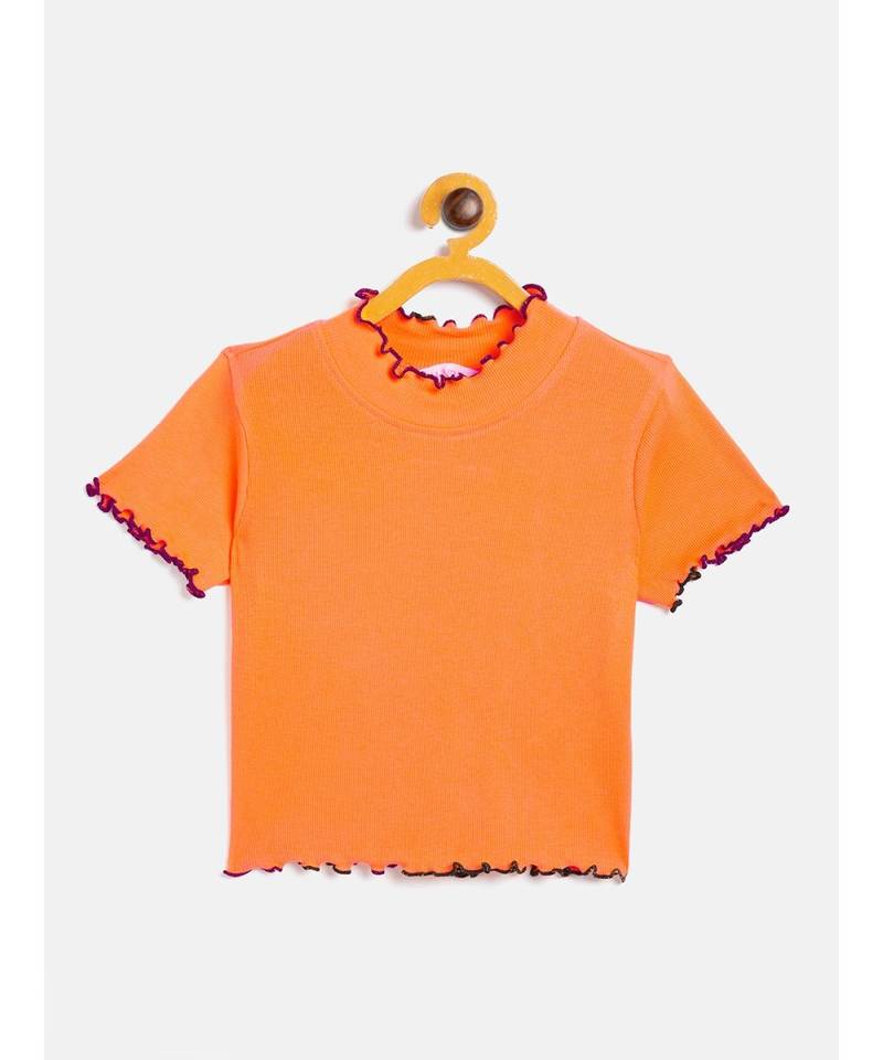 Orange High Neck Rib Crop Top - SASSAFRAS - 3789386