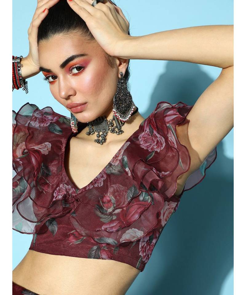 Maroon Floral Frill Crop Top - SASSAFRAS - 3789447