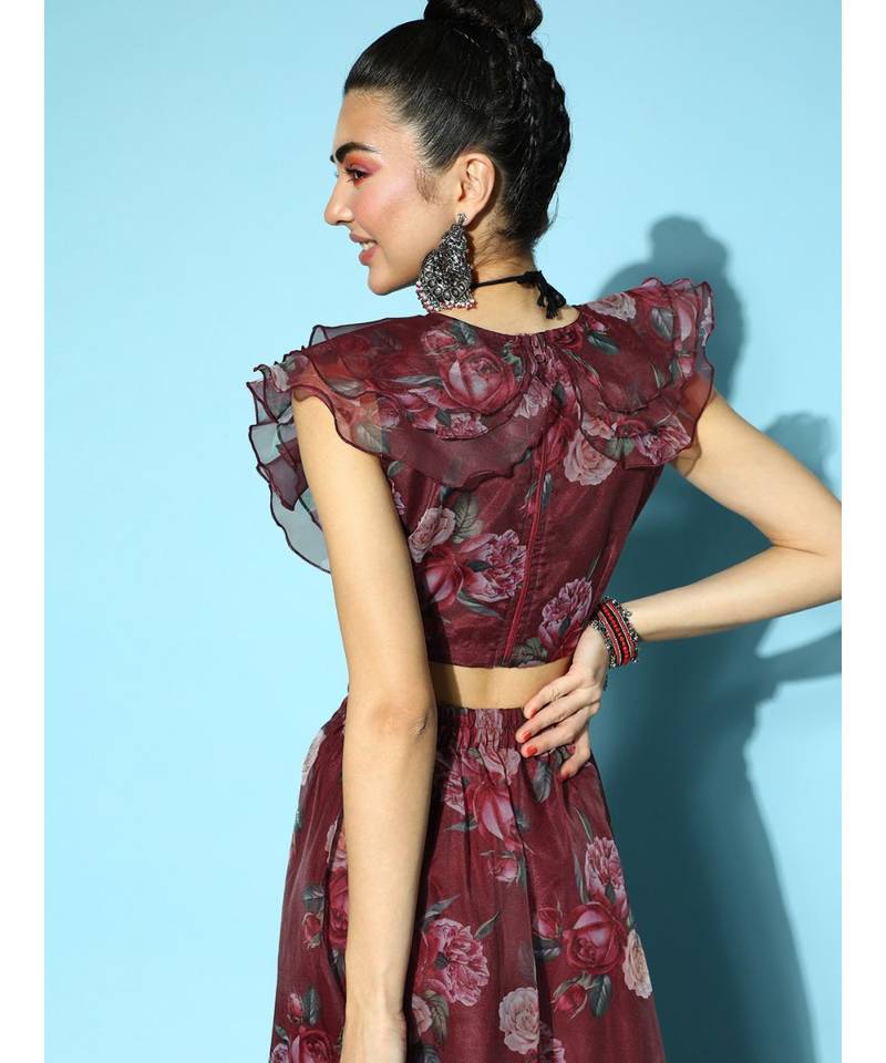 Maroon Floral Frill Crop Top - SASSAFRAS - 3789447