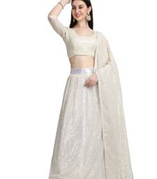 White embroidered georgette semi stitched lehenga - Granthva Fab - 3793359