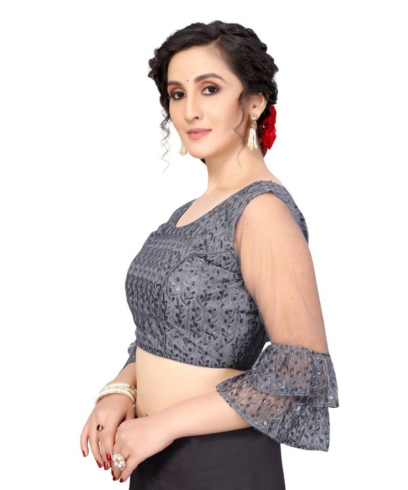 Women's Grey Net Stitched Padded Blouse - MOHVOGUE - 3797403