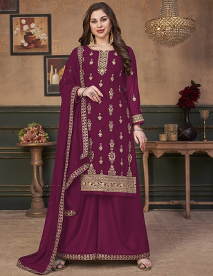 Magenta embroidered georgette salwar - Monjolika - 3797842