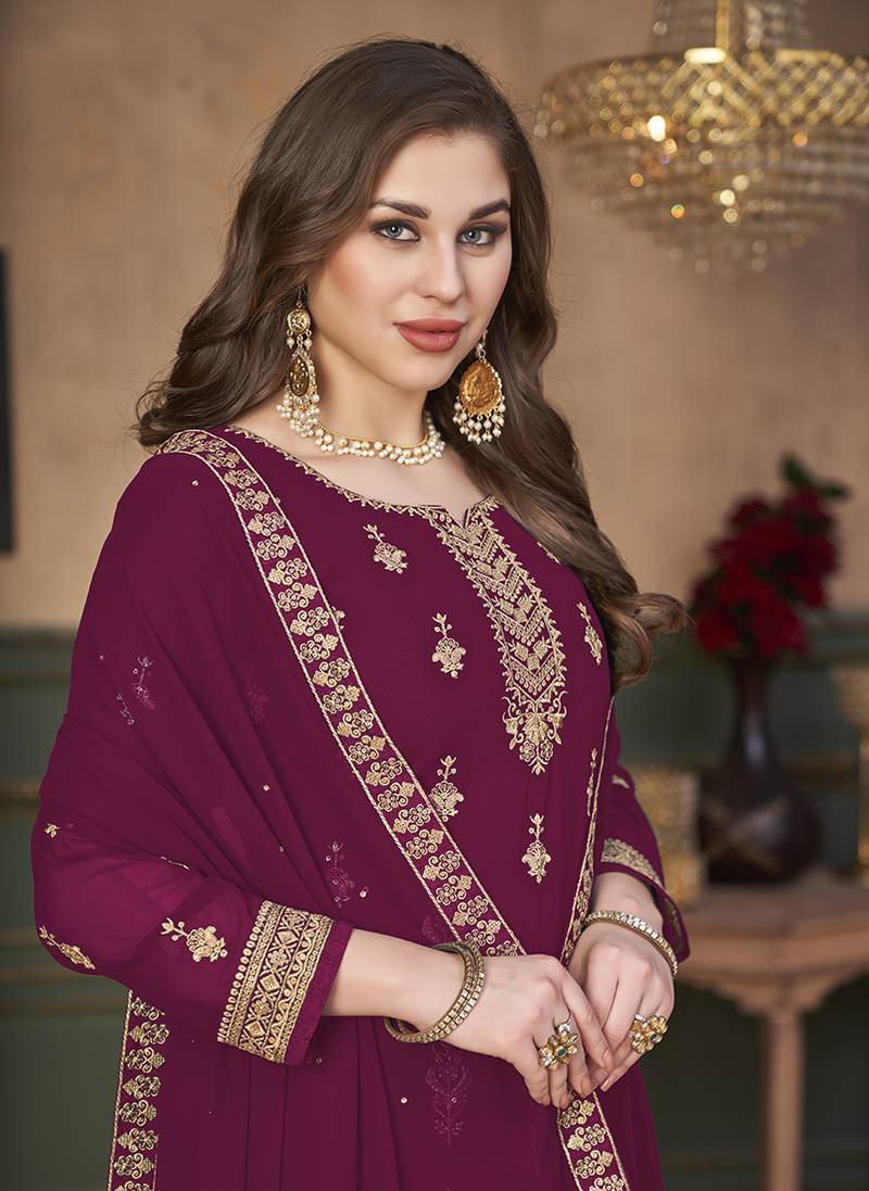 Magenta embroidered georgette salwar - Monjolika - 3797842