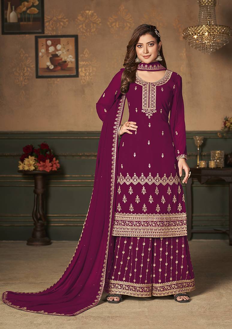 Magenta embroidered georgette salwar - Monjolika - 3802612