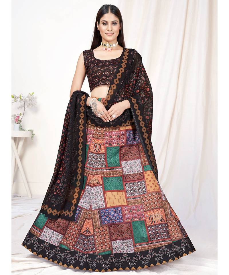 Prettiest Brown Digital Printed Banglori Silk Lehenga Choli - WHITE ...