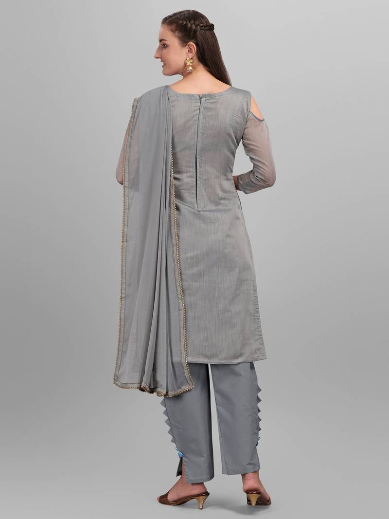 Grey Chanderi Embroidered & Stone Work Dress Material - Mf Next Com ...