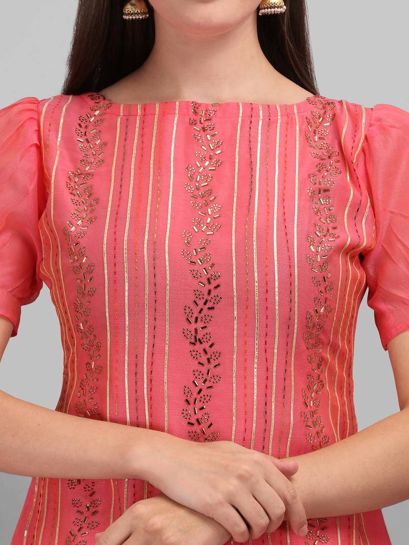 Coral Pink Chanderi Embroidered & Stone Work Dress Material - Mf Next ...