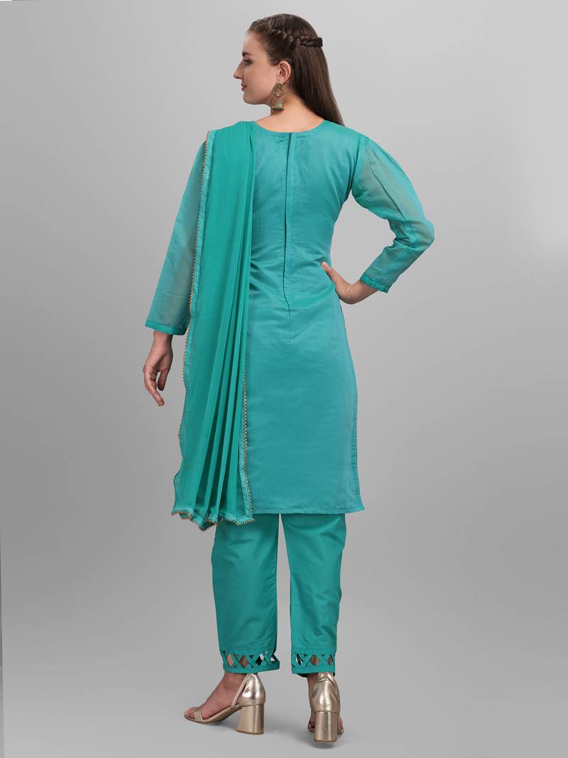Turquoise Chanderi Embroidered & Stone Work Dress Material - Mf Next ...