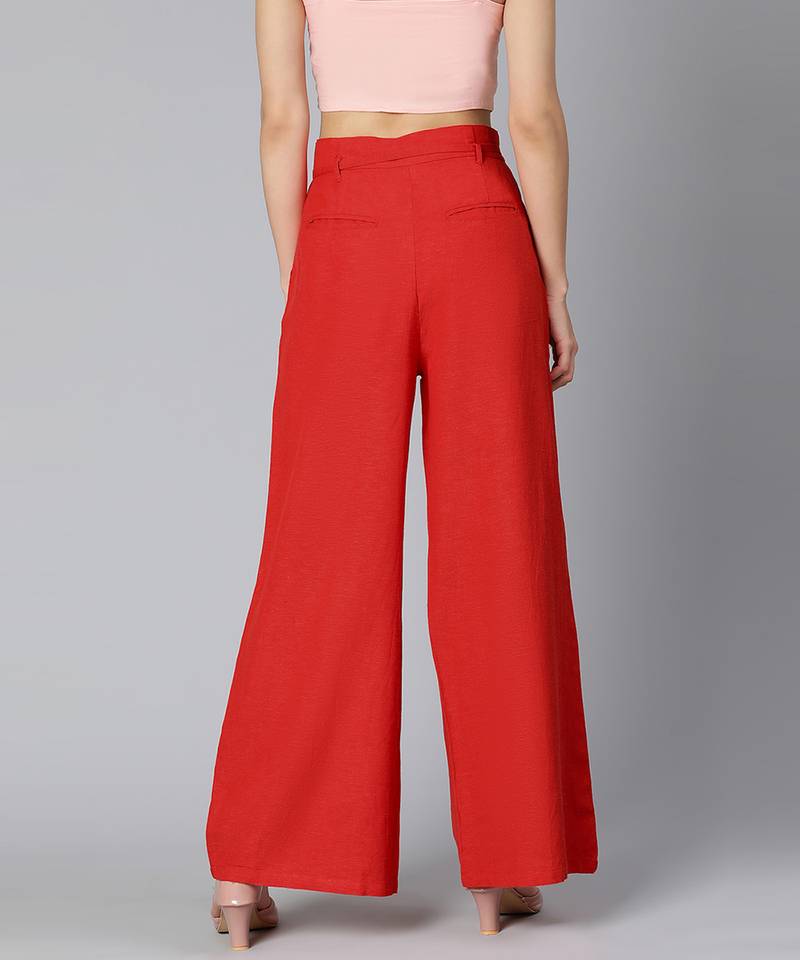 Red color Linen Blend meld women pant - Oxolloxo - 3828797