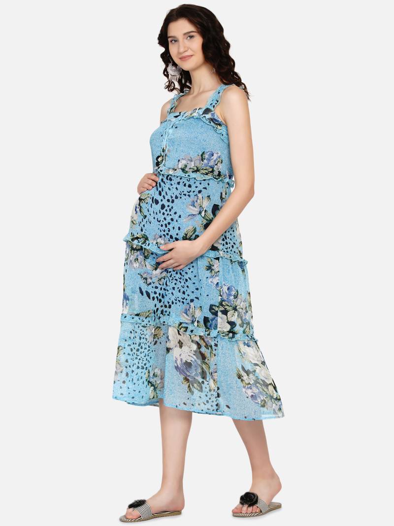 Womens Maternity Sky Blue Floral Print Pinafore Midi Dress Mine4nine