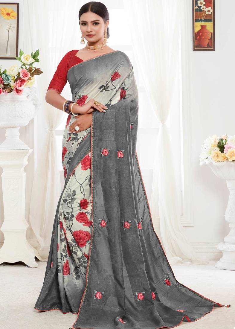 Rust printed viscose rayon saree with blouse - RACHNA - 3833271