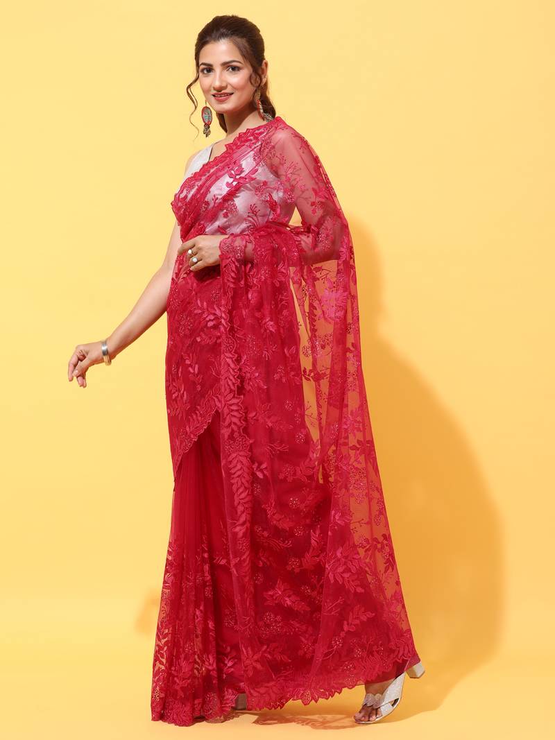Red embroidered net saree with blouse - Kasee - 3831126