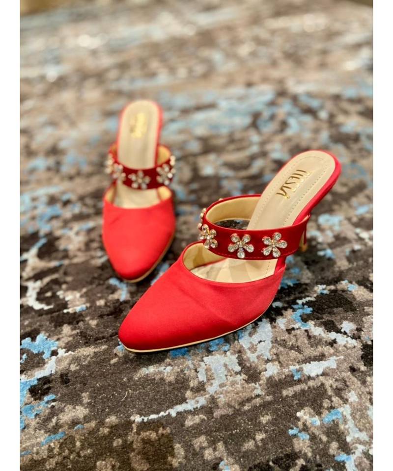 Red Suede Embellished Mule Stilettos - TIESTA - 3841179