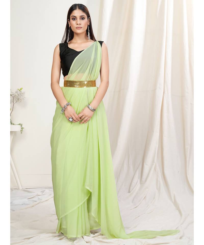 Light Green Plain Ready to Wear Silk Saree WITH BLOUSE - WHITE FIRE ...