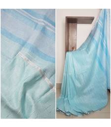 Blue handloom linen saree - Nivi Weaving Traditions - 3851657