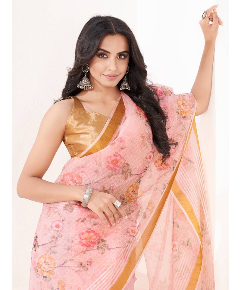 Rose Pink Floral Digital Printed Cotton Silk Saree - ShopGarb - 3857044