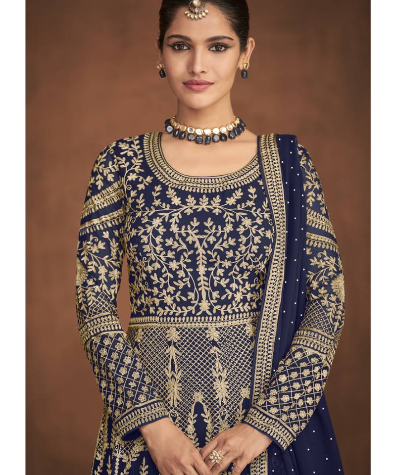 Blue Embroidered Designer Wedding Anarkali Gown - Vasu Sarees - 3858745