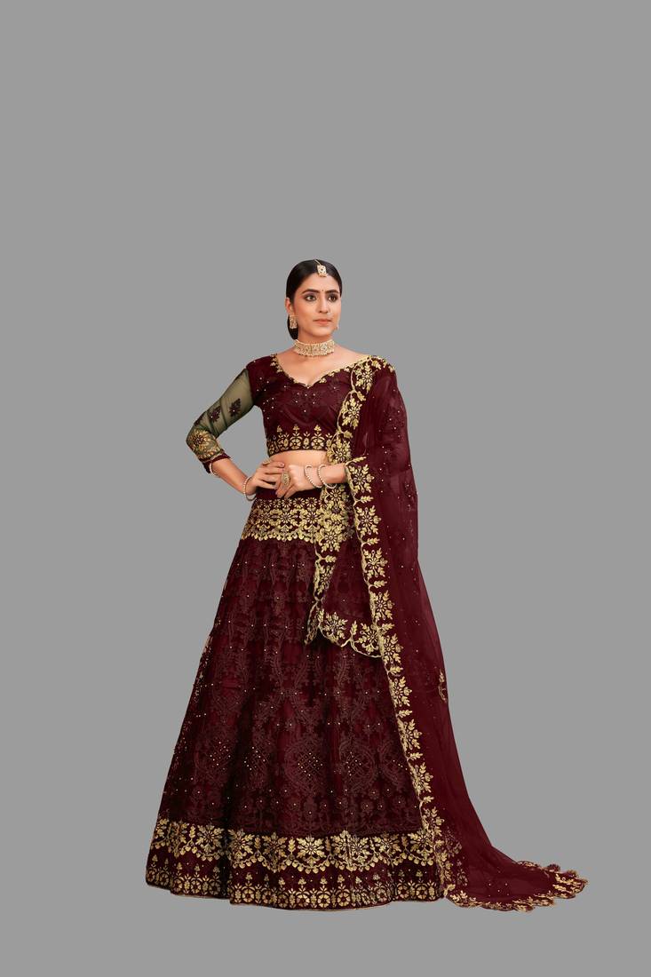 Maroon Net Embroidered Semi Stitched Lehenga Choli With Dupatta ...