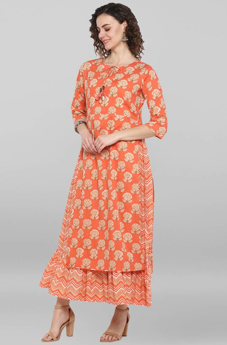 Mustard printed silk long-dresses - Janasya - 3873827