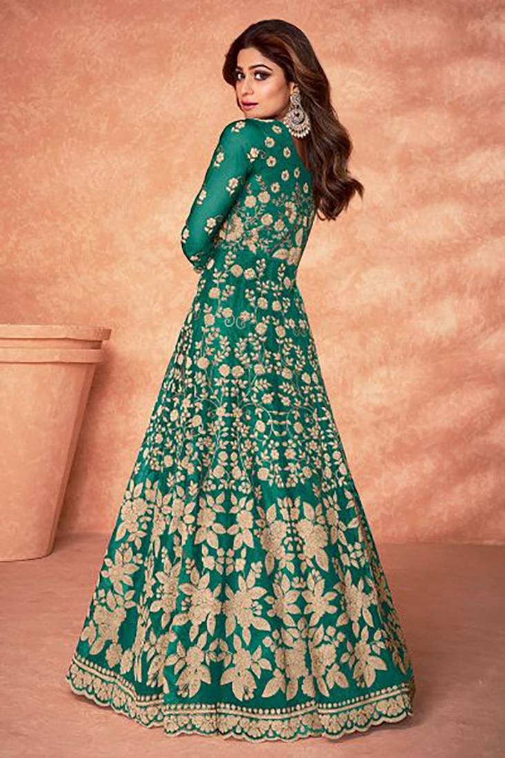 Teal embroidered net salwar - Monjolika - 3876144