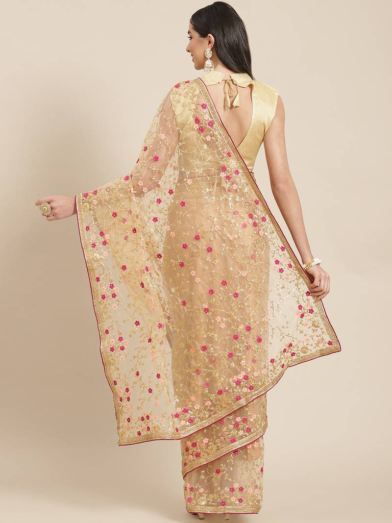 Gold embroidered net saree with blouse - SERONA FABRICS - 3877182