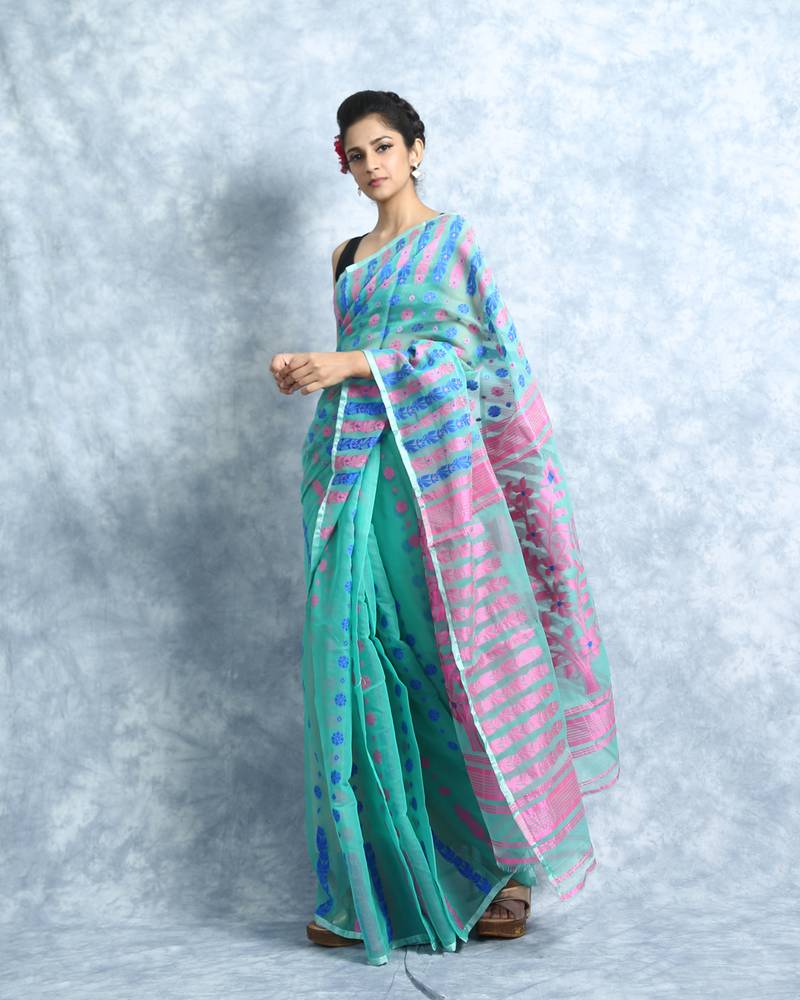 Sea Green And Pink Woven Jamdani - CHARUPAMA - 3889760