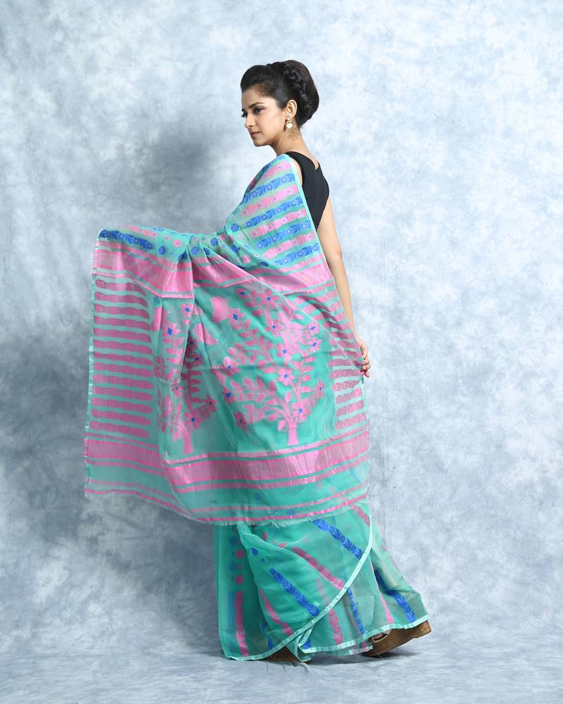 Sea Green And Pink Woven Jamdani - CHARUPAMA - 3889760