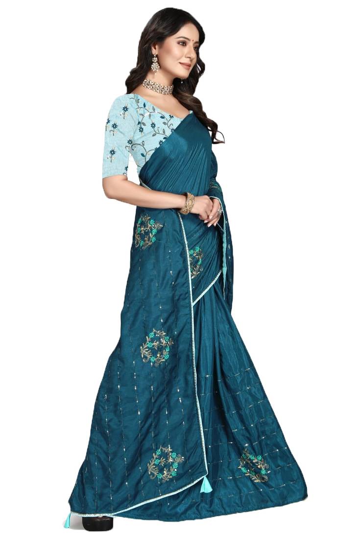 Dark blue embroidered silk blend saree with blouse - VIRUYA - 3897834