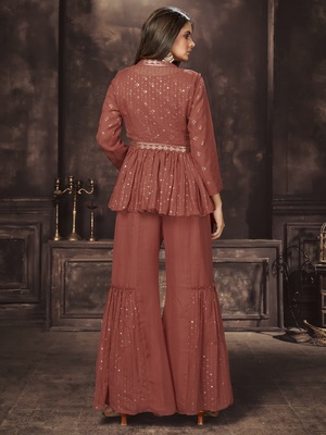 Rust orange Thread and sequins embroidered georgette Sharara Suit ...