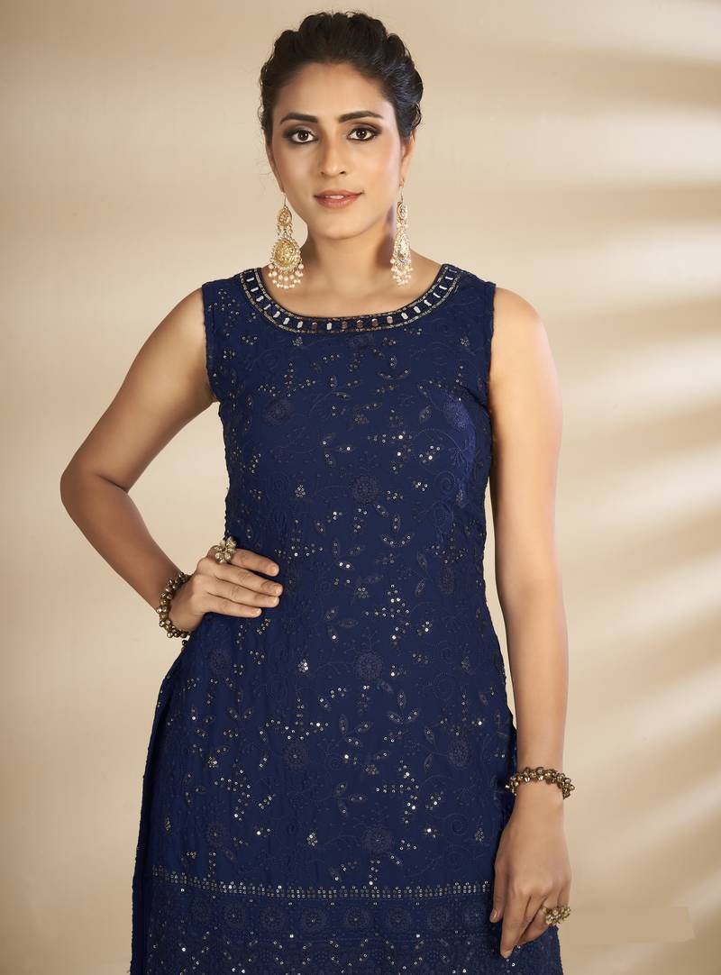 Marvellous Navy Blue Thread and Sequins Embroidered Georgette Semi ...