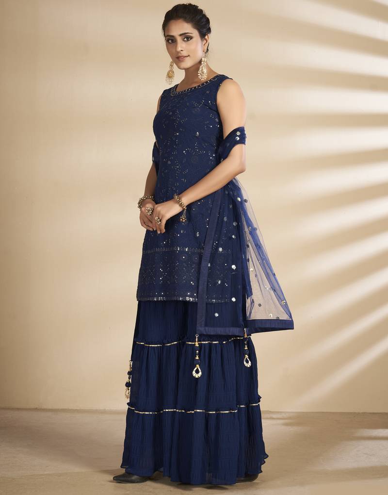 Marvellous Navy Blue Thread and Sequins Embroidered Georgette Semi ...