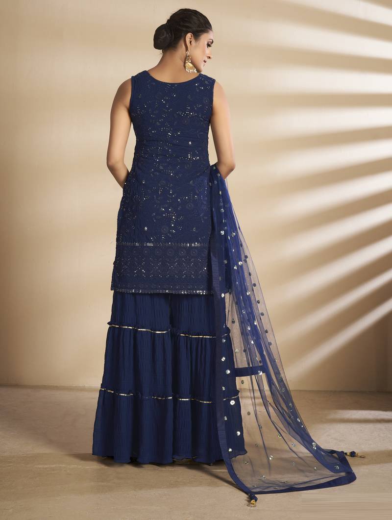 Marvellous Navy Blue Thread and Sequins Embroidered Georgette Semi ...