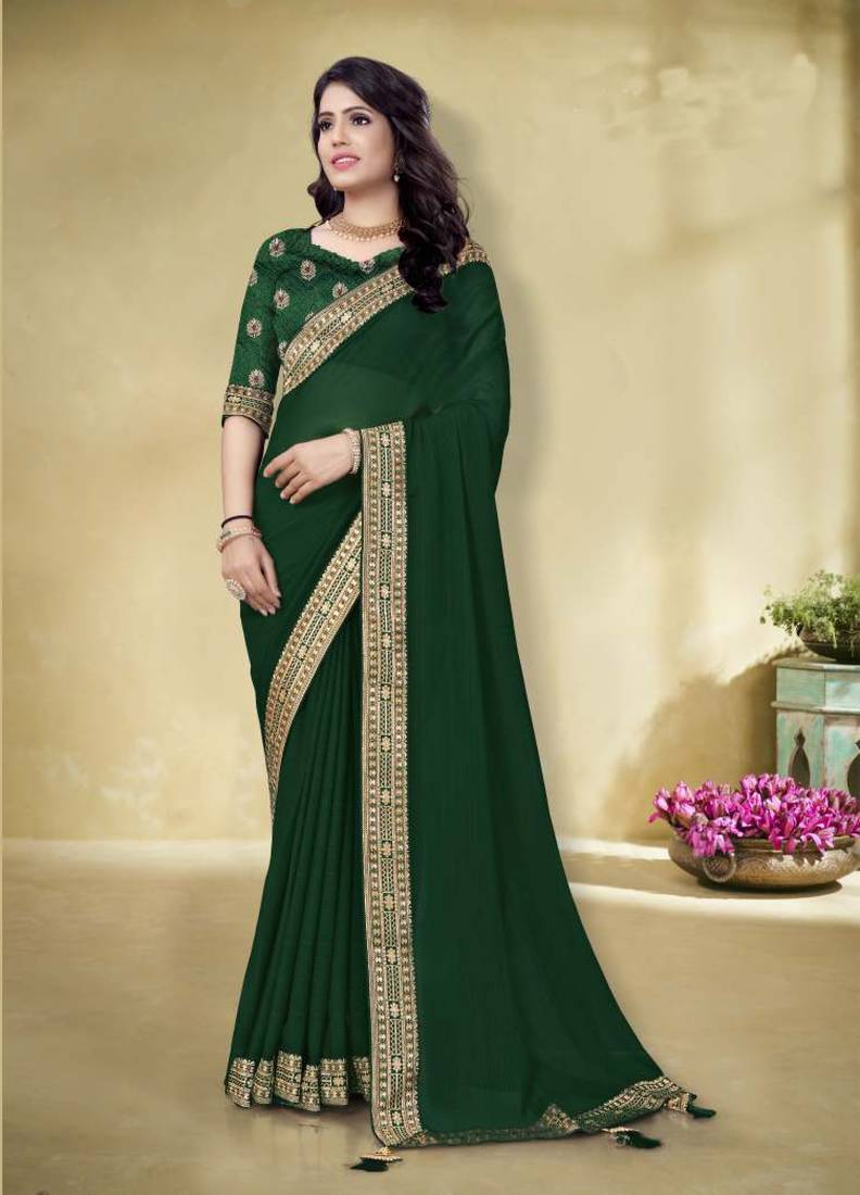 Dark green plain georgette saree with blouse - Rekha Maniyar - 3899302