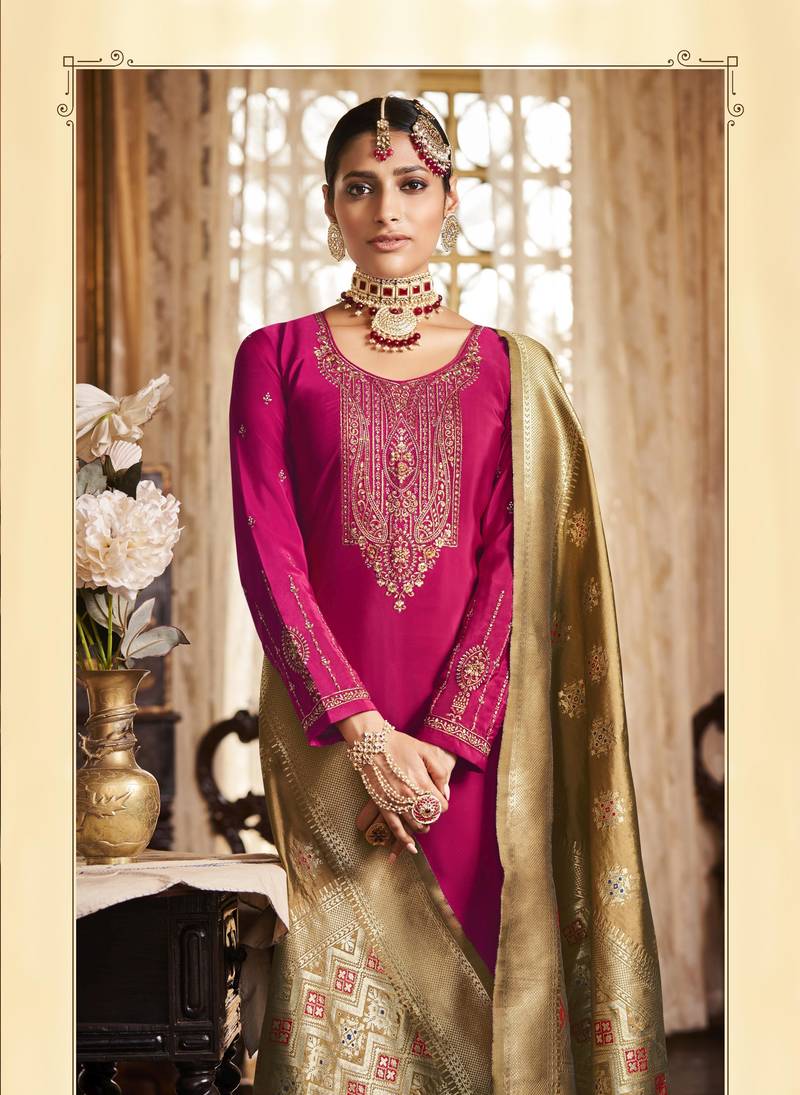 Pink Work,Wevon Designer Soarer Crepe unstitched Designer pant silk ...