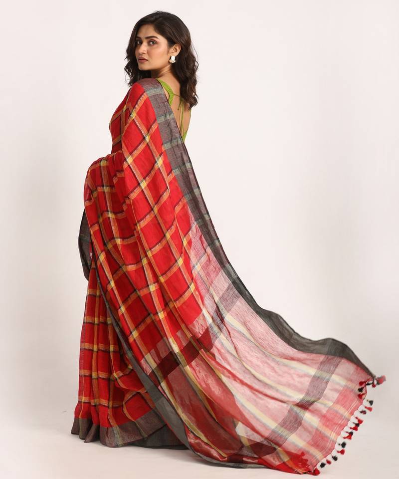 Red Handloom Check Linen Saree - Angoshobha - 3910917