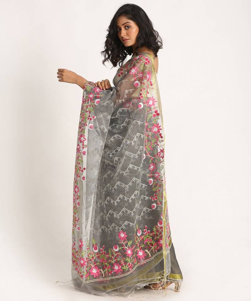 Grey Art Silk Muslin Handloom Embroidery Saree - Angoshobha - 3911011