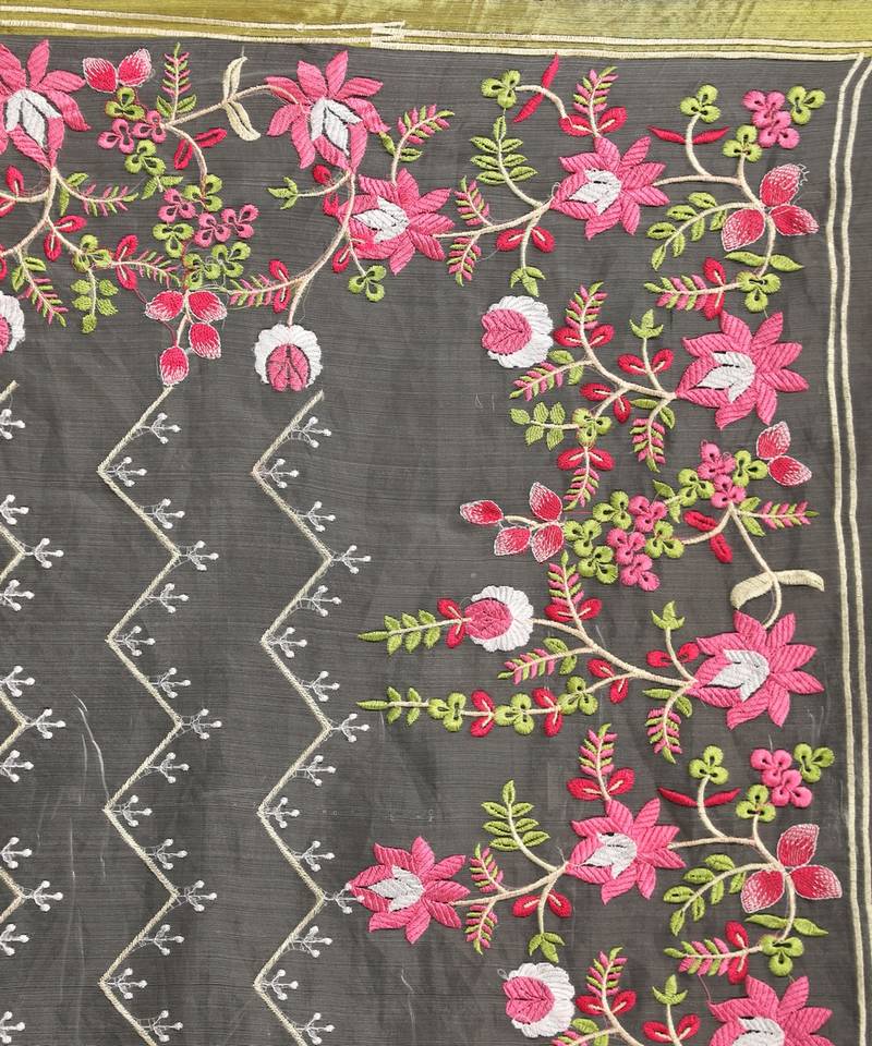 Grey Art Silk Muslin Handloom Embroidery Saree - Angoshobha - 3911011