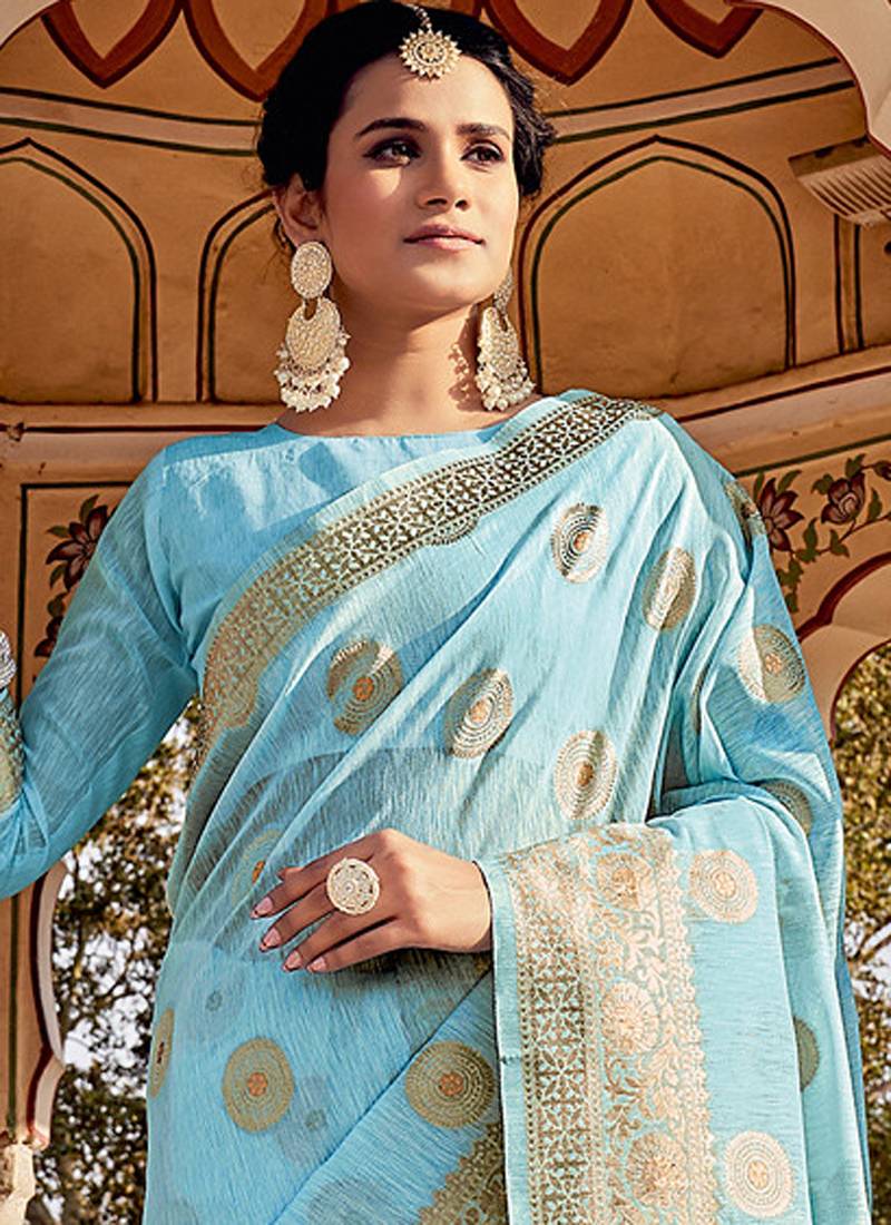 Sky Blue Linen Weaving Designer Saree - PrazuFashion - 3911127
