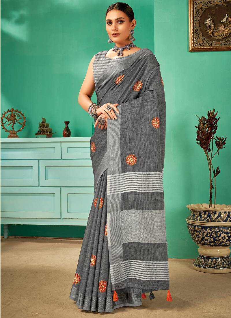 Grey Linen Weaving Designer Saree - PrazuFashion - 3913628