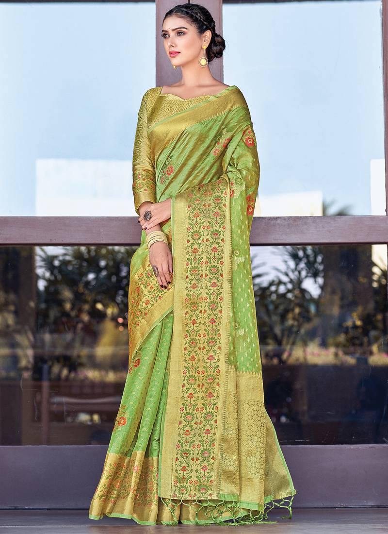 Parrot Green Organza Weaving Designer Saree - PrazuFashion - 3913762