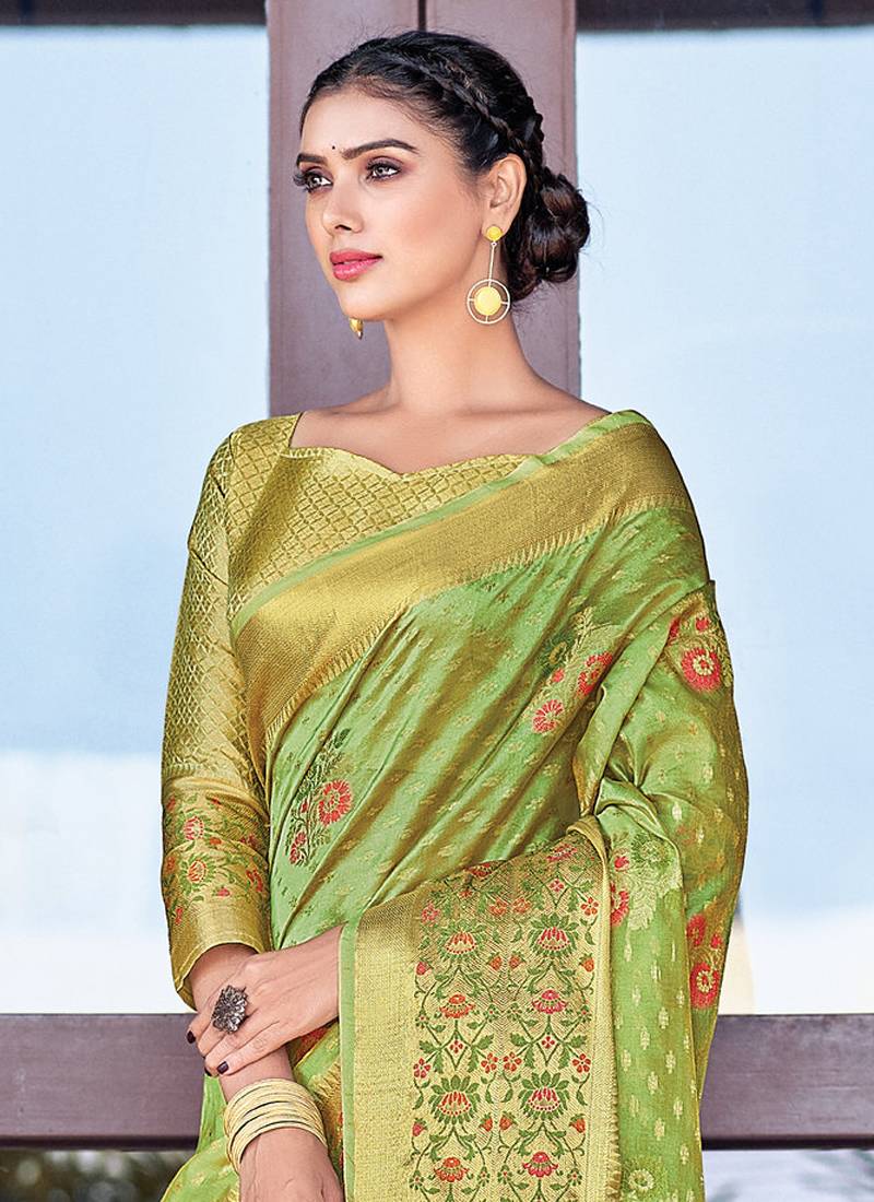 Parrot Green Organza Weaving Designer Saree - PrazuFashion - 3913762