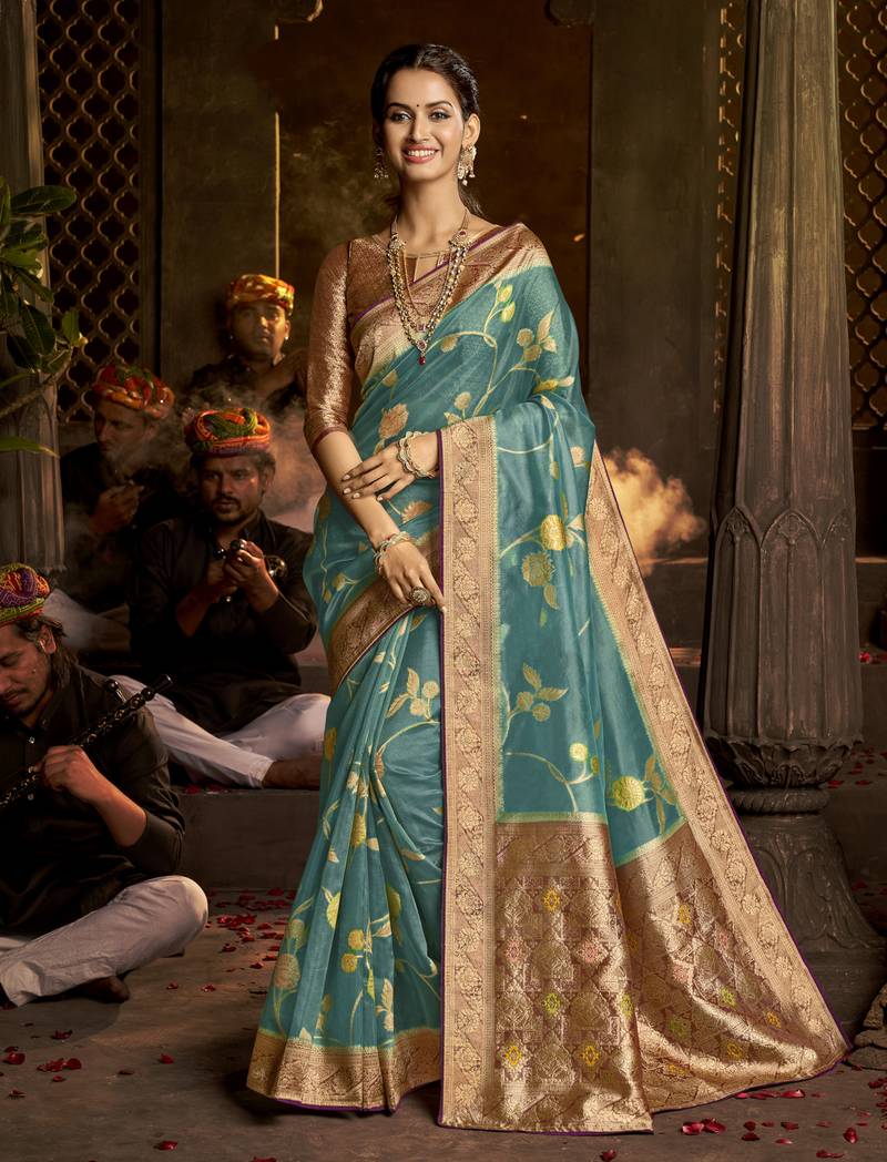 turquoise embroidered tissue sarees with unstitched blouse - LIFESTYLE ...