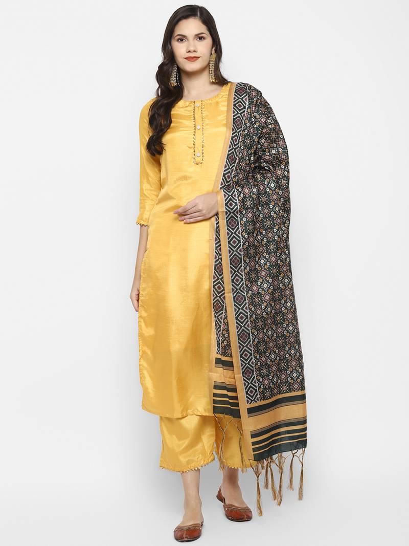 Yellow plain silk blend salwar - VAABA - 3919834