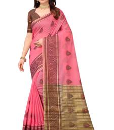 Cotton Fabric Pink Color Jacquard Woven Design Saree With Designer Lace ...