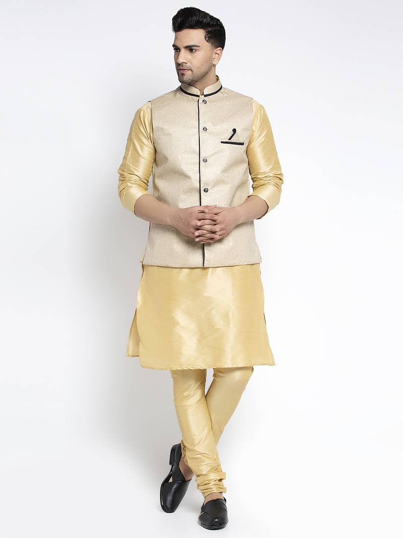 Benstoke Men's Silk Blend Gold Kurta With Pyjama & Beige Nehru Jacket ...
